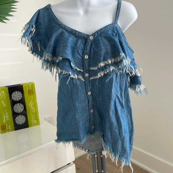 Blank NYC | Tops | Asymmetric Raw Frayed Denim Top | Poshmark